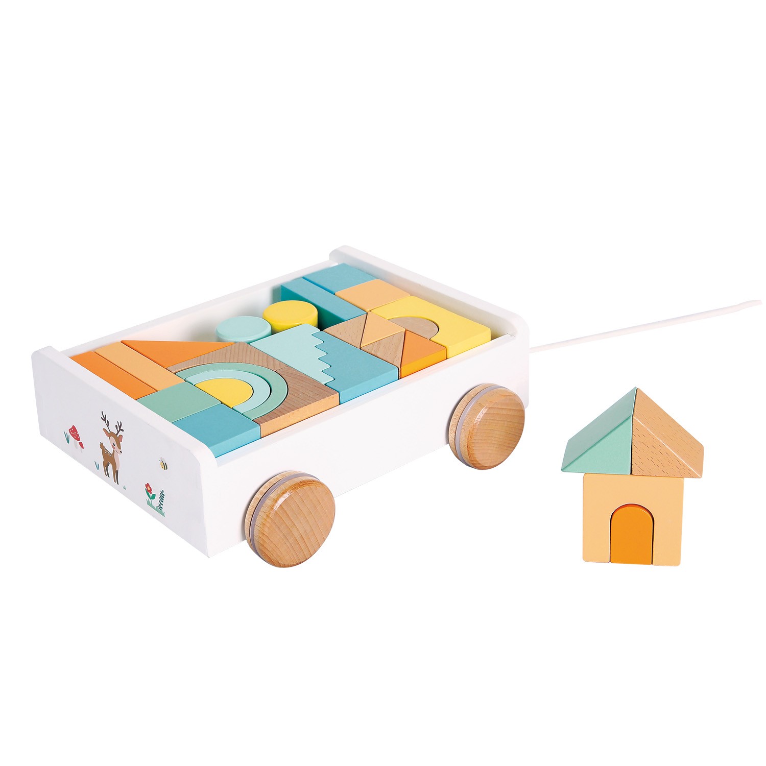 Lelin® Wooden Pull Along Block Wagon - 26 Blocks | New Classic Toys